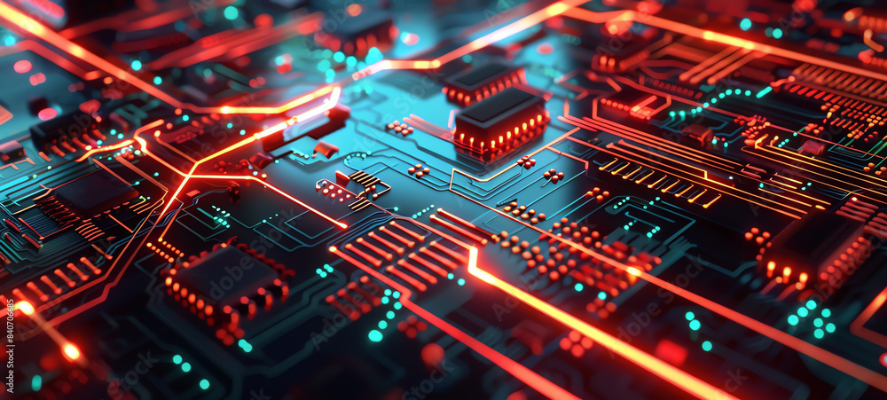 Develop a detailed visualization of intricate circuitry, electronic ...