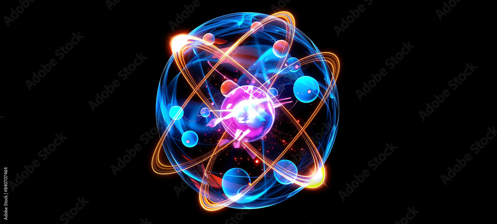 Generate a detailed image of an atom structure, nuclear physics theme ...
