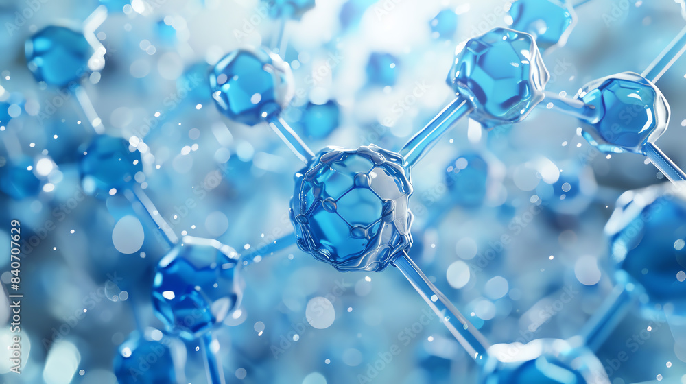 Render a 3D model of a blue molecule structure, organic chemistry theme ...
