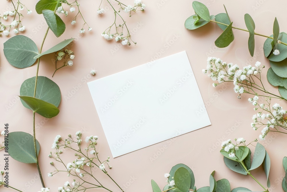 White blank greeting card mockup on beige background with eucalyptus ...