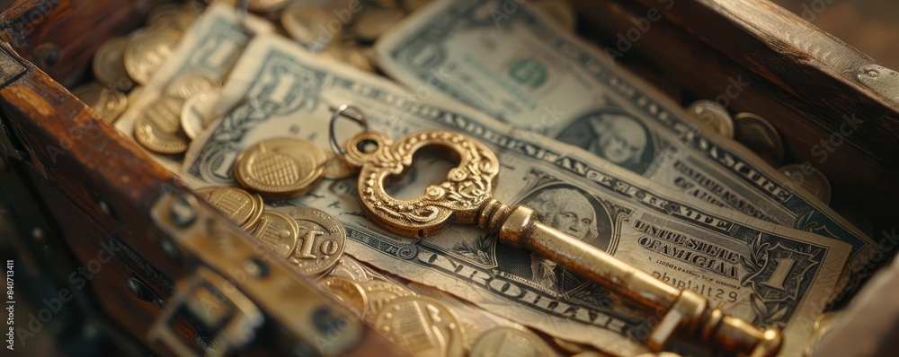 A golden key unlocking a treasure chest overflowing with traditional ...