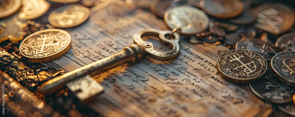 A golden key unlocking a treasure chest overflowing with traditional ...