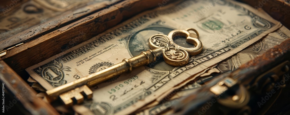 A golden key unlocking a treasure chest overflowing with traditional ...