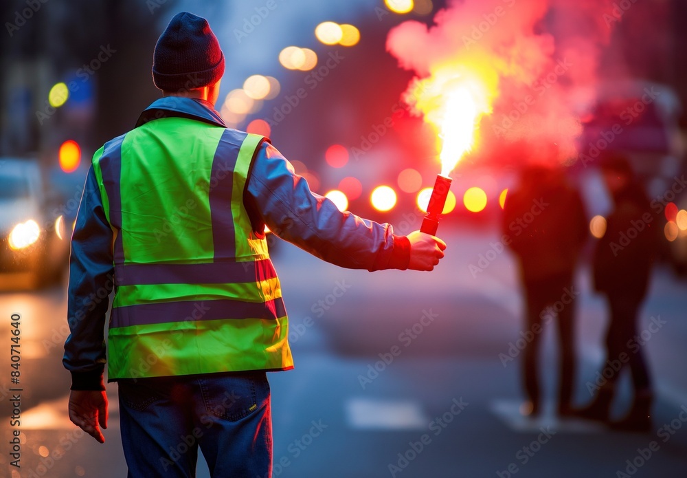 Traffic Guard Holding Red Stop Sign at Crossroads After Car Accident ...
