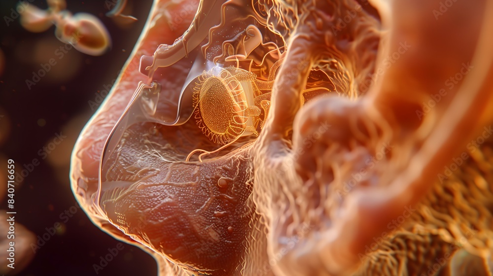 Microscopic view of the human ear with its sense of sound waves. It is ...