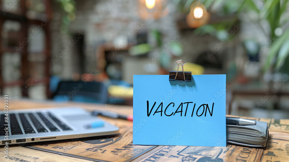 Office closed for vacation, note with the word: "Vacation" on the table ...