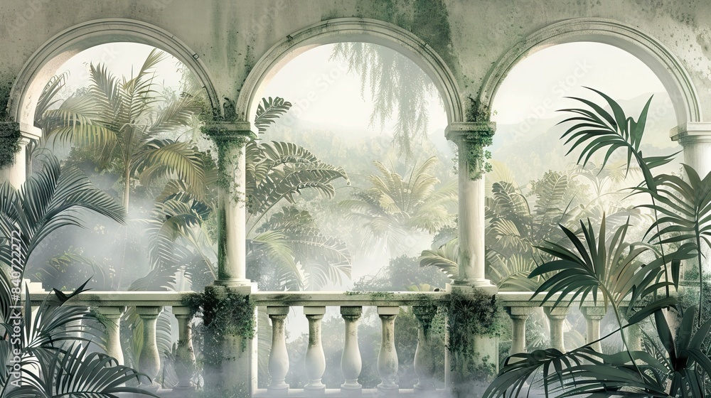 Drawn tropical, exotic plants and leaves among the columns. Floral ...