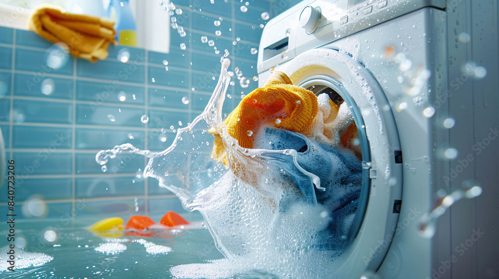 Water overflowing from a washing machine with clothes during a spin ...