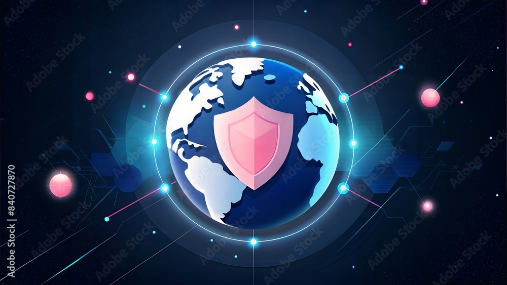 Cybersecurity shield on digital globe, space background, data streams ...