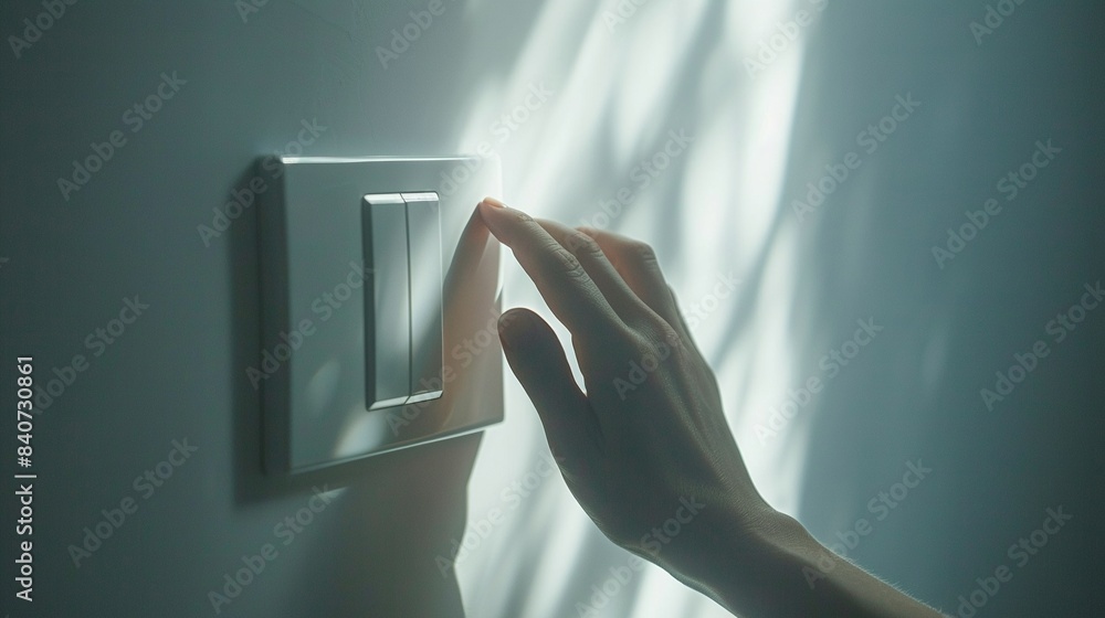 Hand flipping a light switch, white background, clean and minimalistic ...