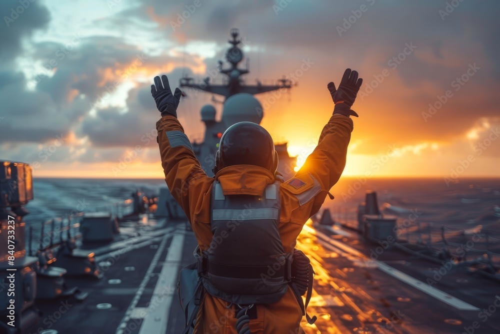 Triumphant pilot celebrates on aircraft carrier deck at sunset Stock ...