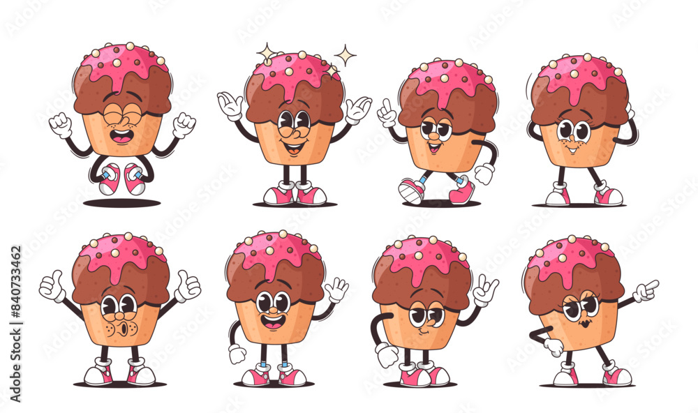 Cartoon Cupcake Characters Set With Pink Frosting And Various Fun ...