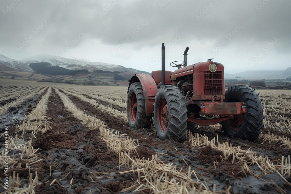 Old Tractor in Muddy Field on Rainy Day. An old red tractor in a muddy ...