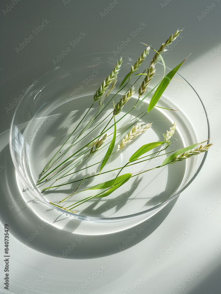 Oat branches on a Petri dish on a light-colored surface with light rays ...