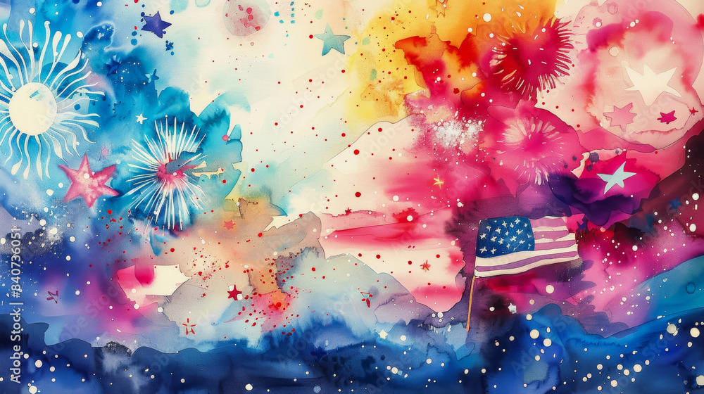 artistic watercolor of USA Independence Day with firework display and ...