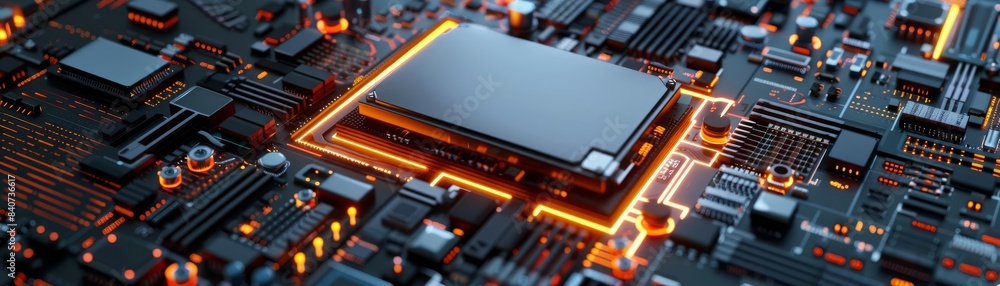 Futuristic digital cpu managing quantum bits, flat design, top view, robotic theme, 3D render ...