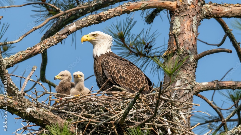 a bald eagle perches in its nest, tenderly watching over two adorable ...