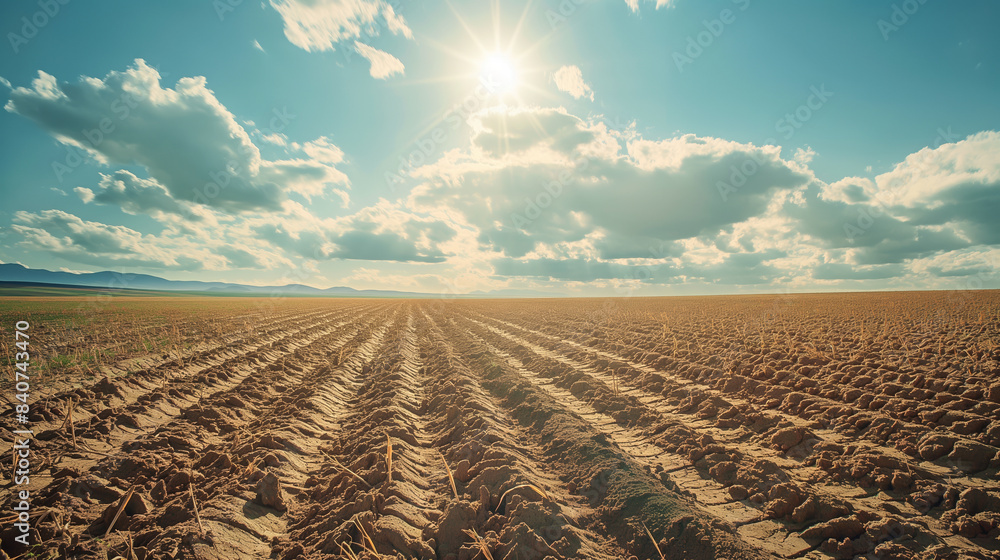Wide-angle shot of a barren field with cracked soil and wilting crops ...