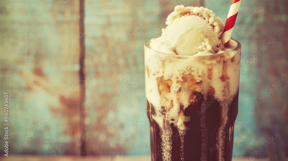 Coke Float, a vintage-style photograph. A tall glass filled with creamy ...
