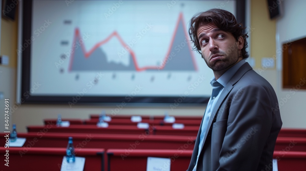 A worried businessman standing in an empty conference room, staring at ...