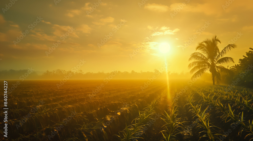 Wide-angle shot of a plantation under a hazy, hot sun with drooping ...