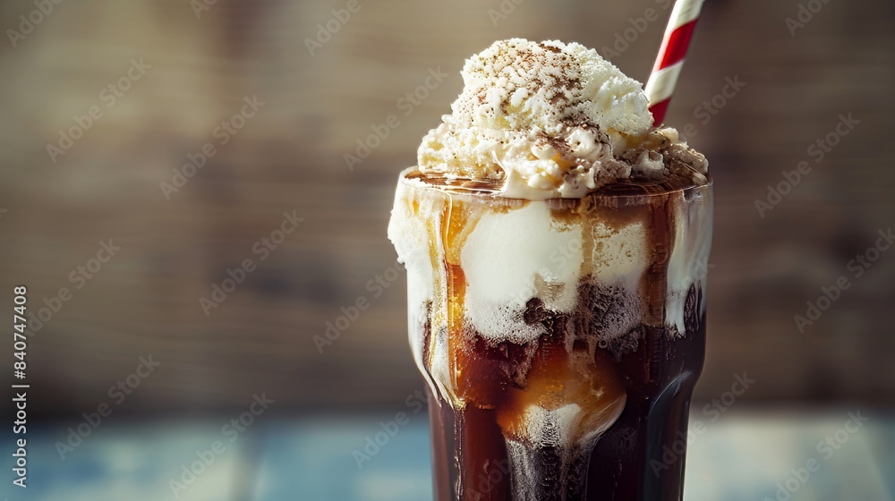 Coke Float, a vintage-style photograph. A tall glass filled with creamy ...