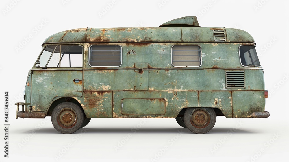 Side view of rusty vintage camper van over white background Stock Photo ...