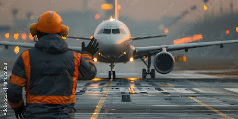 Ground crew signals pilot using hand signals to direct aircraft on ...