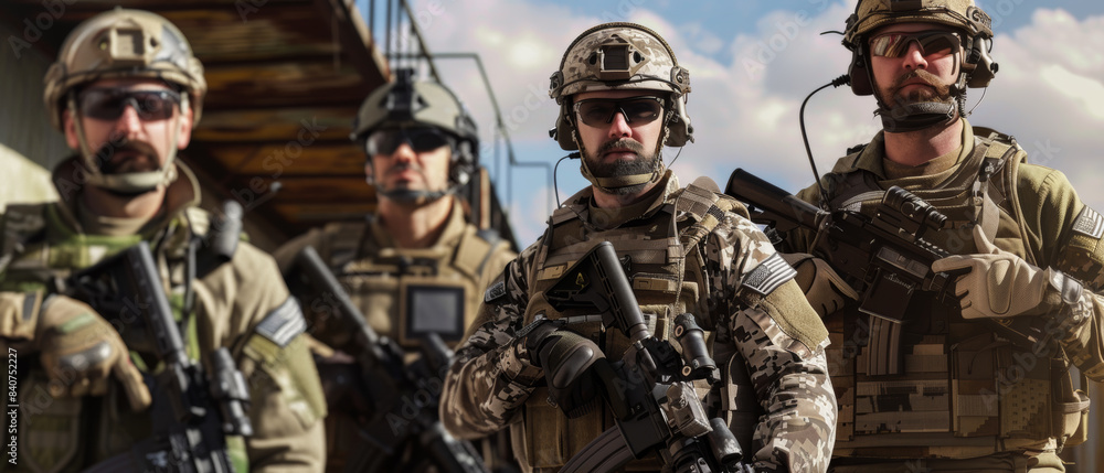 Group of soldiers in tactical gear, posed in a cohesive formation with ...