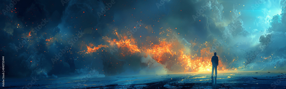 fantasy background of a evocative scene where a solo traveler embarks ...