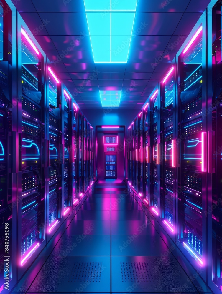 Data center server room. Modern neon server room hyper realistic Stock ...