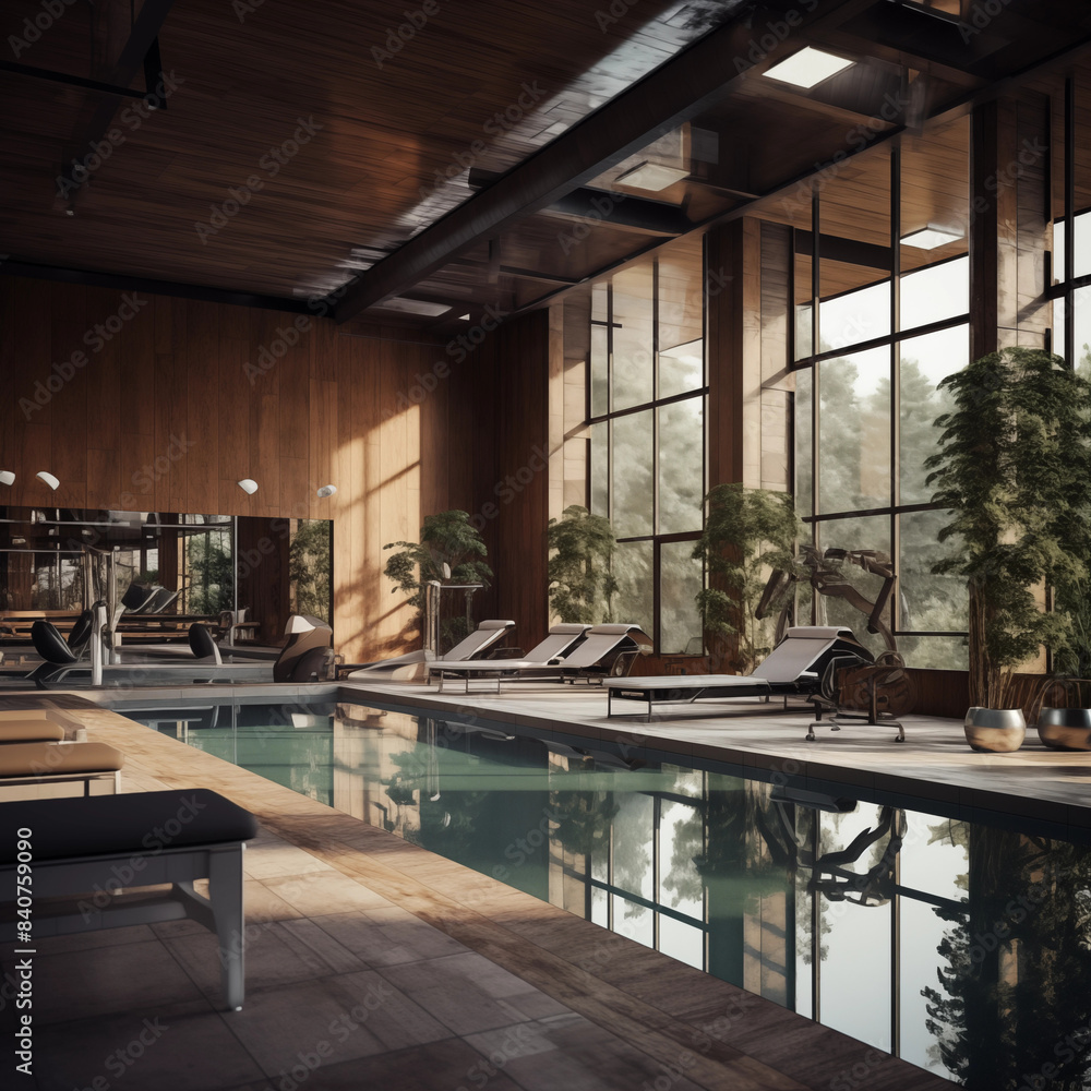 fitness, gym, swimming pool, avangard, interior, cozy, wood, concrete ...