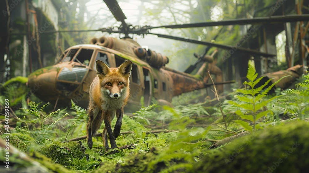 Red fox with abandoned military base debris with green plants growing ...