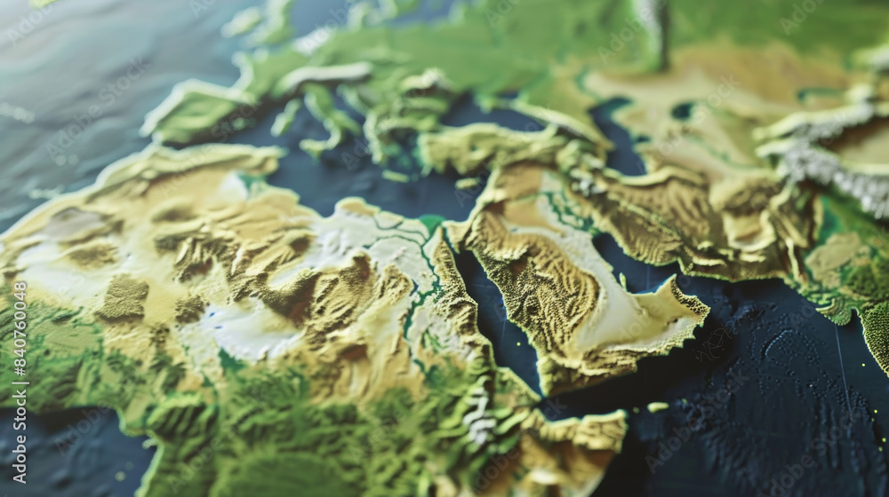 A detailed 3D topographic map highlighting the geographical features of ...