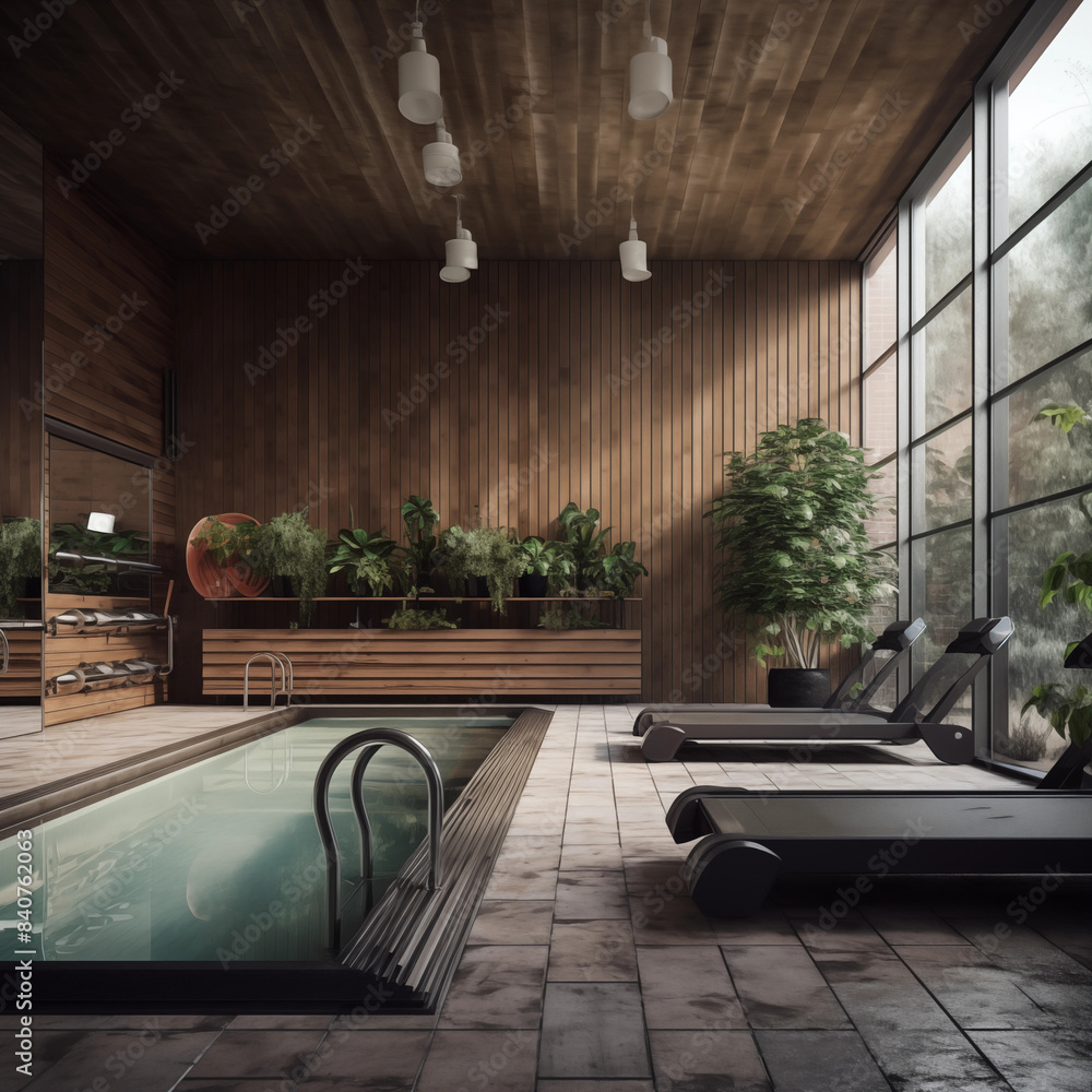 fitness, gym, swimming pool, avangard, interior, cozy, wood, concrete ...