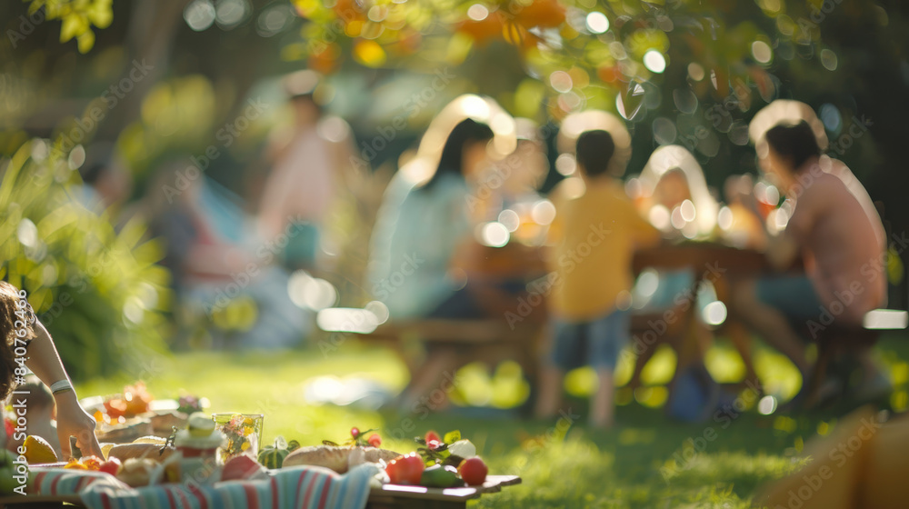A sunny garden picnic scene with vibrant food spread on a blanket ...