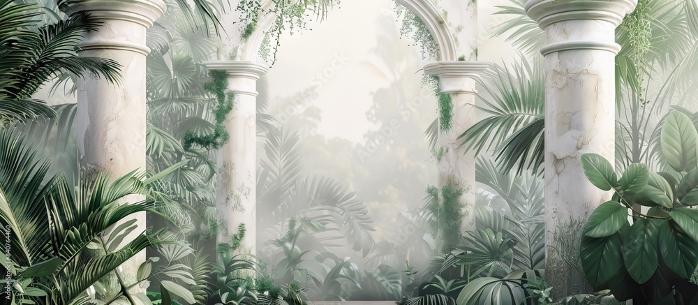 Drawn tropical, exotic plants and leaves among the columns. Floral ...
