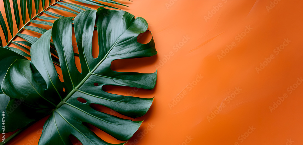 Monstera leaves against an orange backdrop, ideal for lively and warm ...