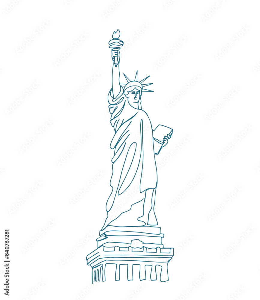 Hand drawn continuous one line drawing of statue of liberty on a white ...