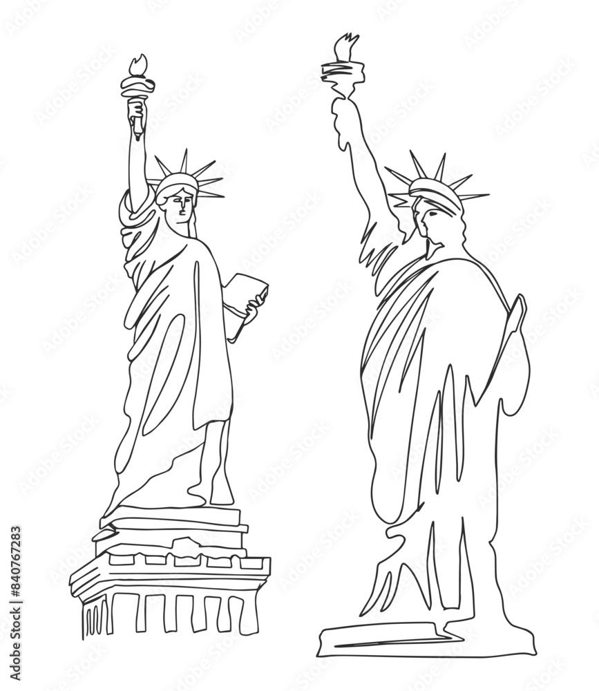 Hand drawn continuous one line drawing of statue of liberty on a white ...