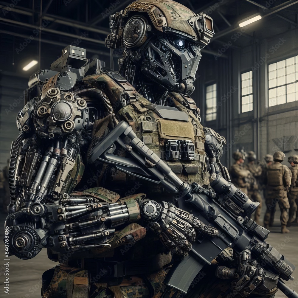 Military cyborg with armored exoskeleton, integrated weapons sys Stock ...