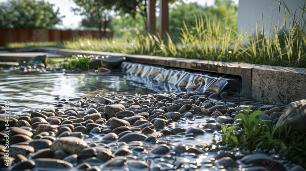 Detailed close-up of a landscape-integrated water harvesting system ...