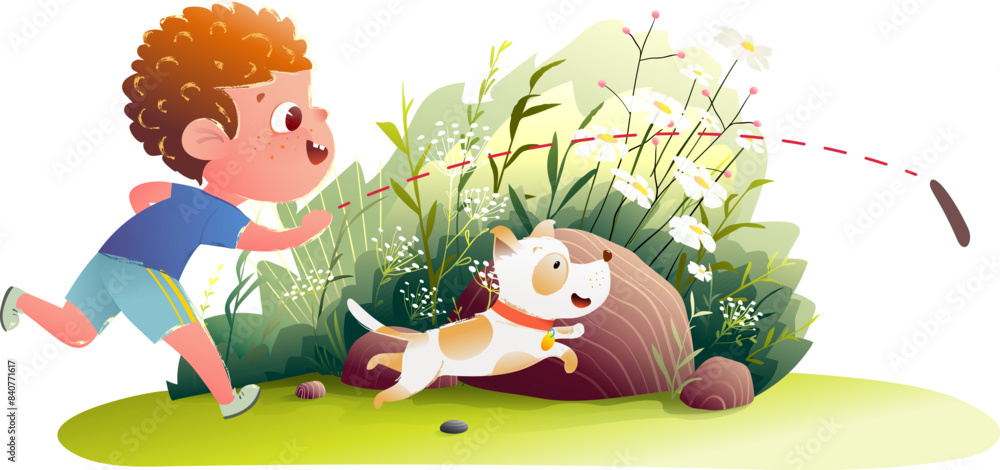 Little boy and his best friend little puppy dog running playing fetch a ...