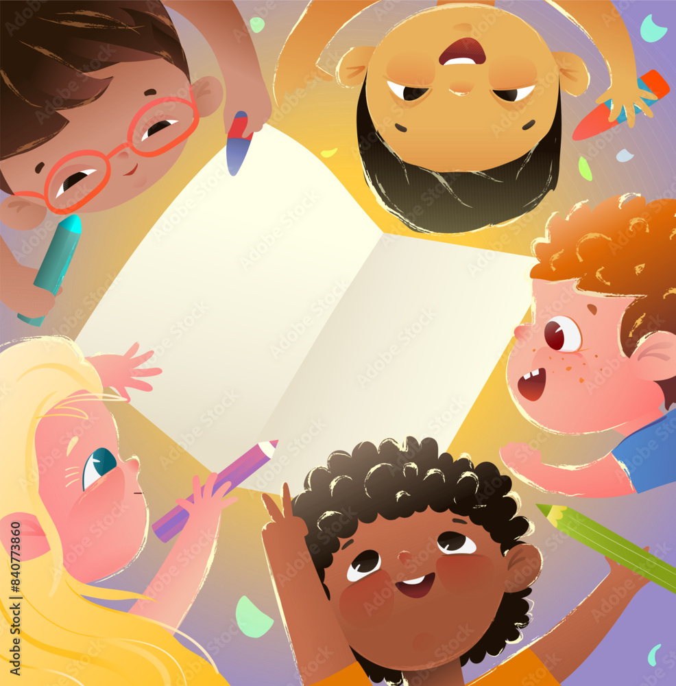 School or kindergarten poster character design, multinational kids art ...