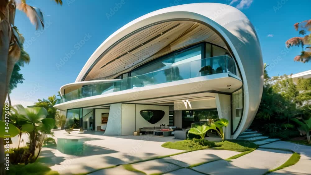 Vidéo Stock A contemporary house with a distinct curved roof design ...