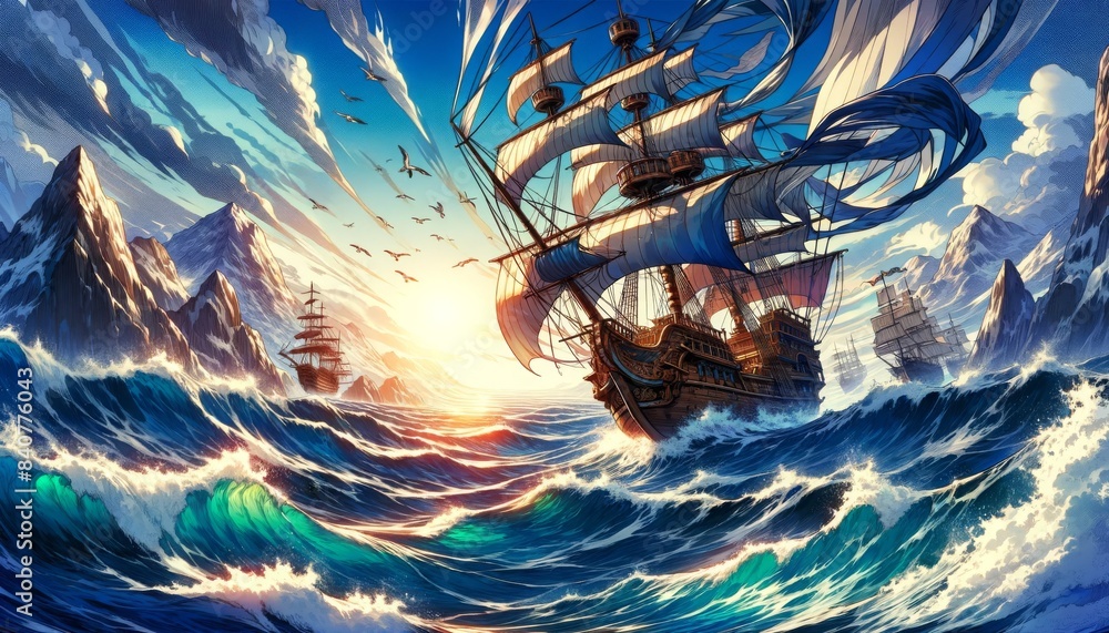 A vibrant anime-style illustration of ancient pirate ship sailing ...