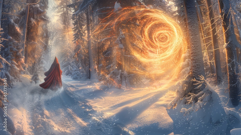Person in red cloak, snowy forest Spiral of fire rises from picture's ...