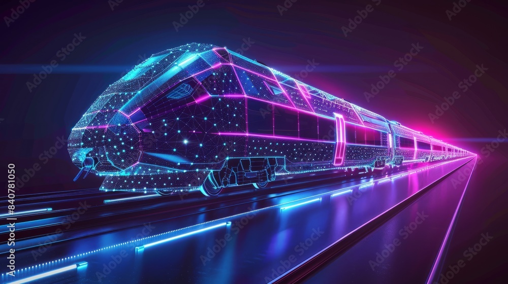 Digital low poly wireframe. futuristic high-speed train. Future logistics modern technology ...
