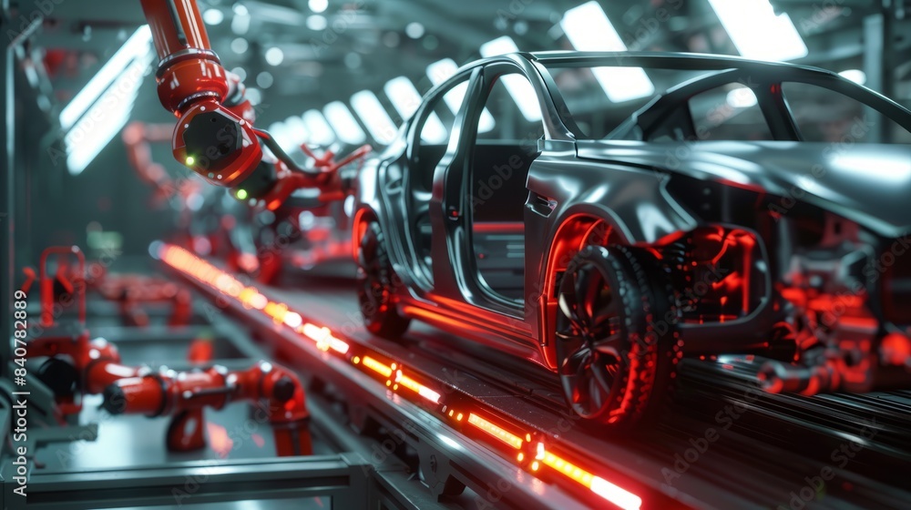 Futuristic electric car automated robot arm assembly line manufacturing ...