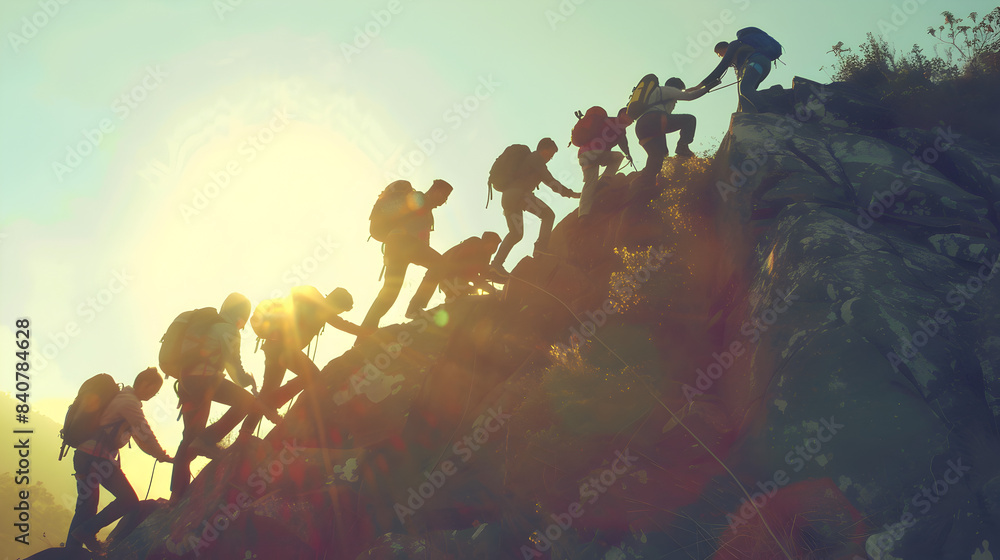 Group of climbers climbing a mountain peak Teamwork concept 3D ...